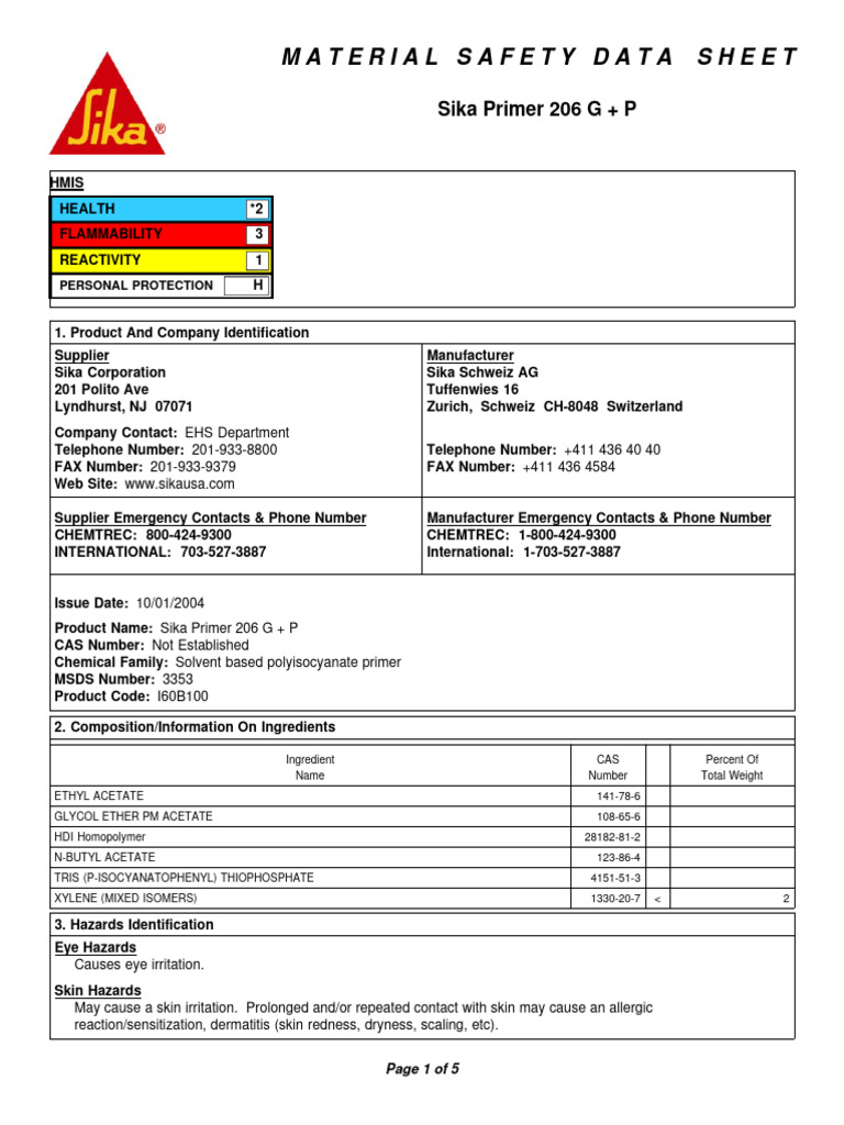 Sika Primer 206 G+P Safety Data Sheet | PDF