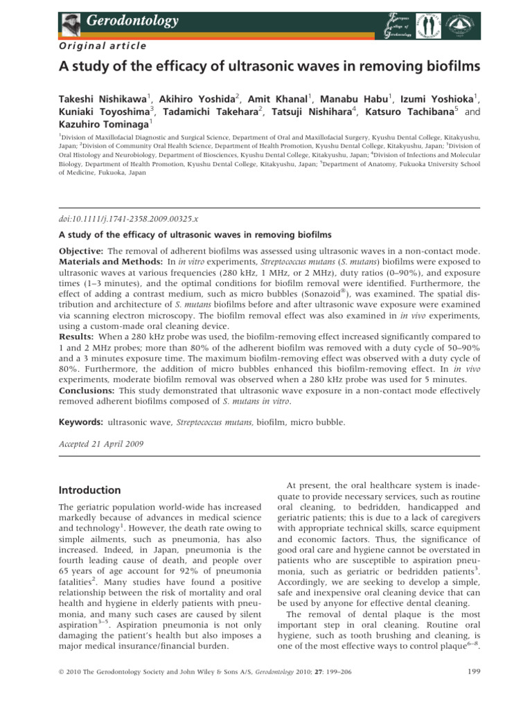 A study of the efficacy of ultrasonic waves in removing biofilms | PDF