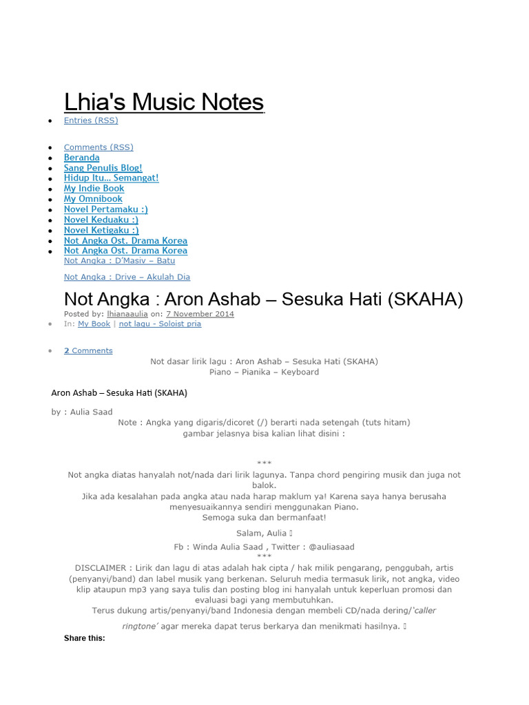 Lhia's Music Notes: Not Angka: Aron Ashab - Sesuka Hati (SKAHA) | PDF