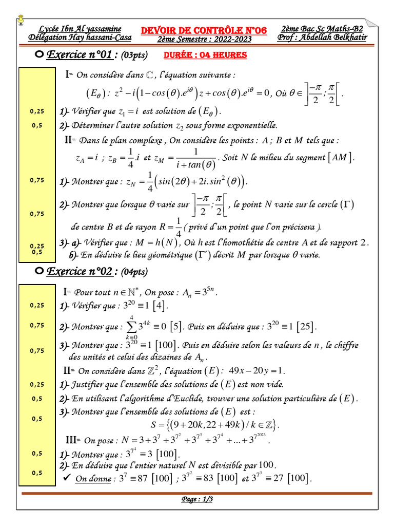Devoir de Contrôle Maths 2 Bac Sc 2023 | PDF | Analyse mathématique ...