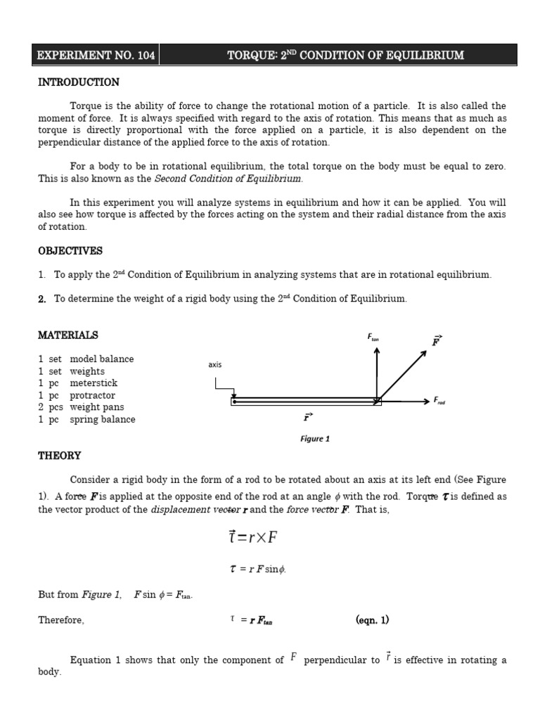 Experiment 104 Torque - Second Condition of Equilibrium | Download Free PDF | Torque | Force