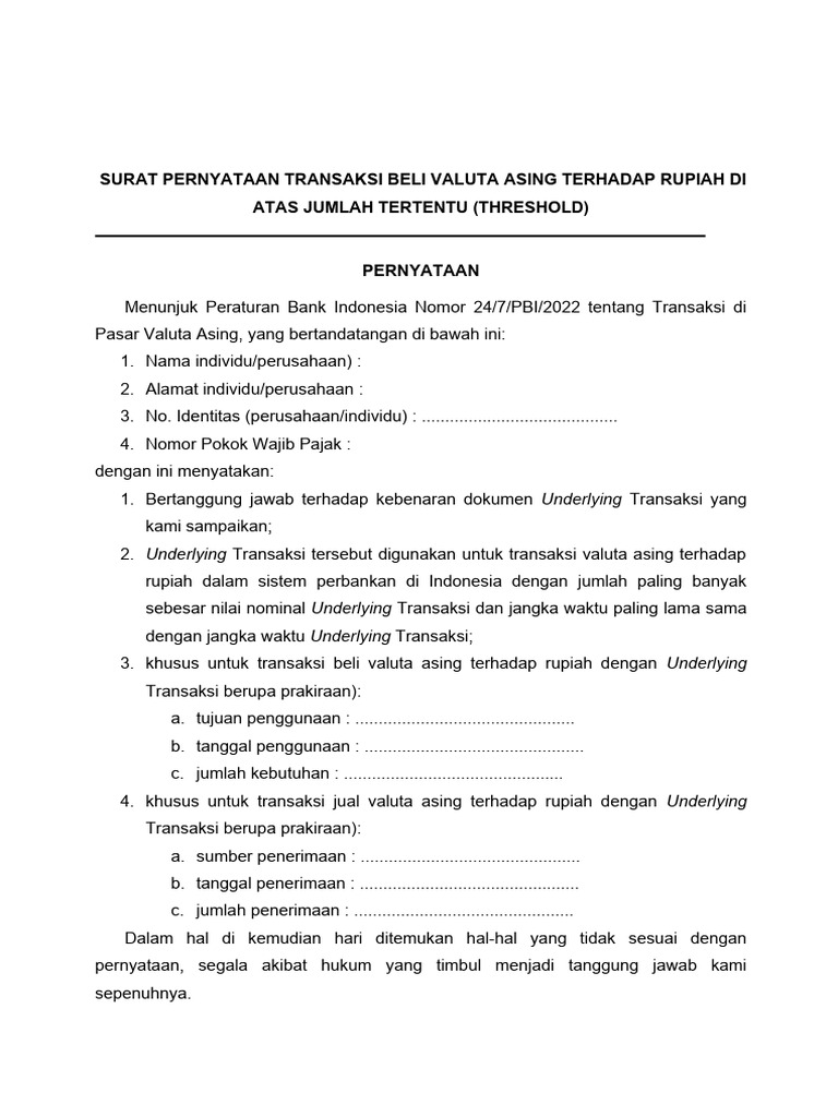 Surat Pernyataan Transaksi Beli Valas Di Atas USD 100K | PDF ...