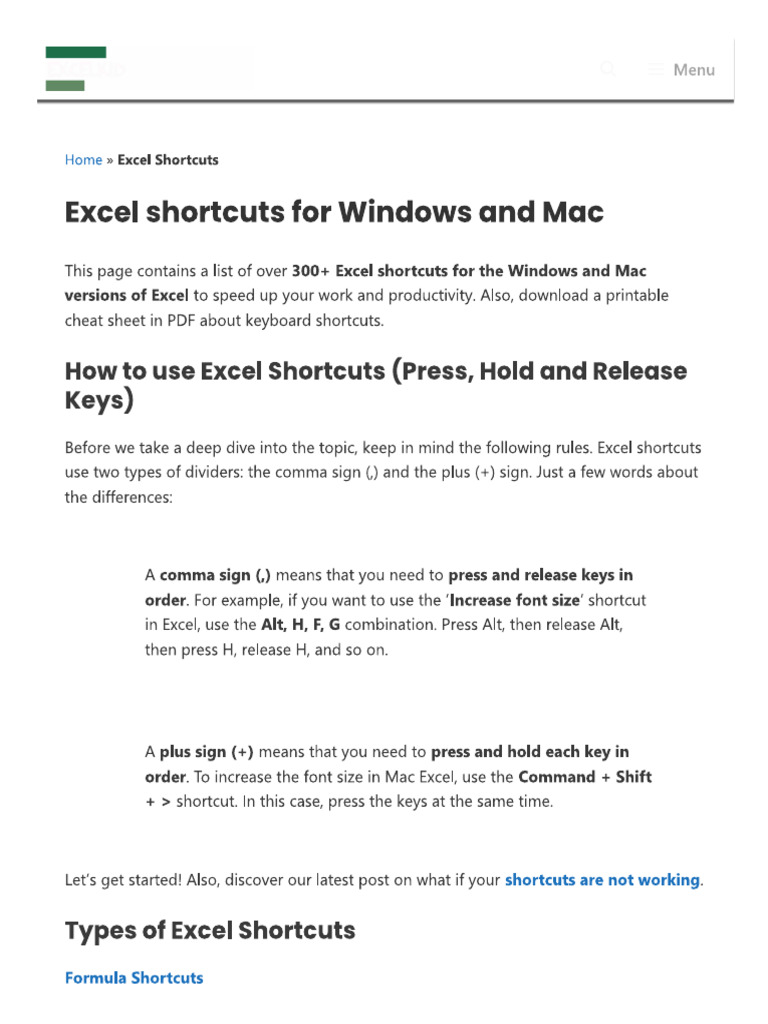 Excel Shortcuts For Windows and Mac | PDF