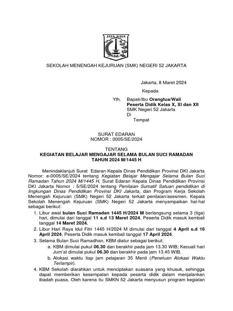 Surat Edaran Pelaksanaan KBM Selama Bulan Suci Ramadan (Siswa) | PDF