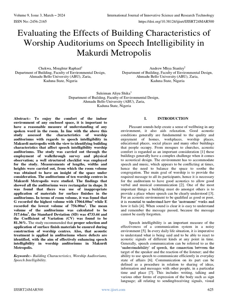 Evaluating The Effects of Building Characteristics of Worship Auditoriums On Speech ...
