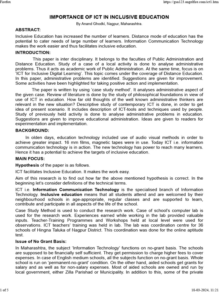 ICT's Role in Inclusive Education | PDF | Educational Technology ...