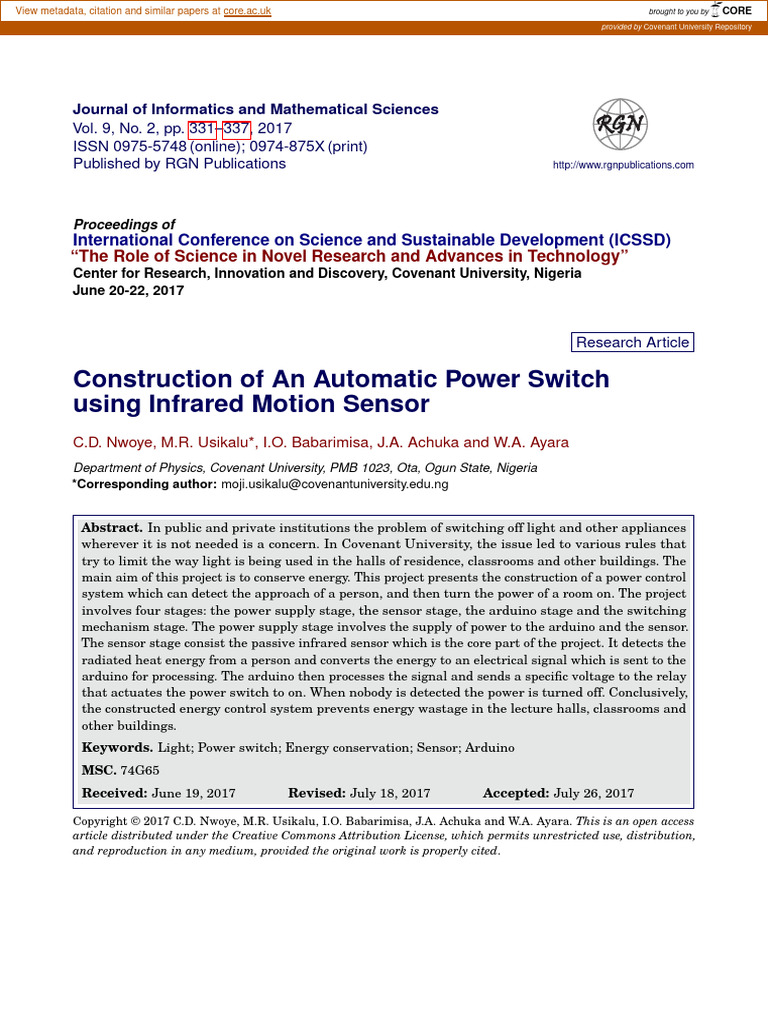 Construction of An Automatic Power Switch Using Infrared Motion Sensor | PDF | Relay | Infrared