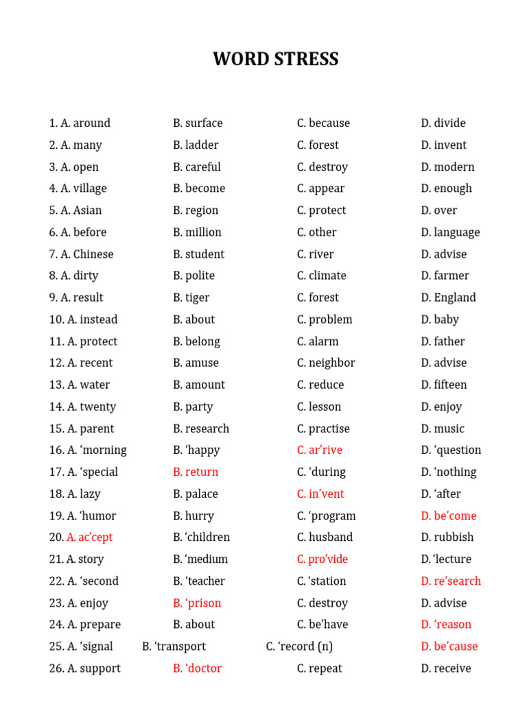Exercise On Stress in 2 Syllable Words | PDF