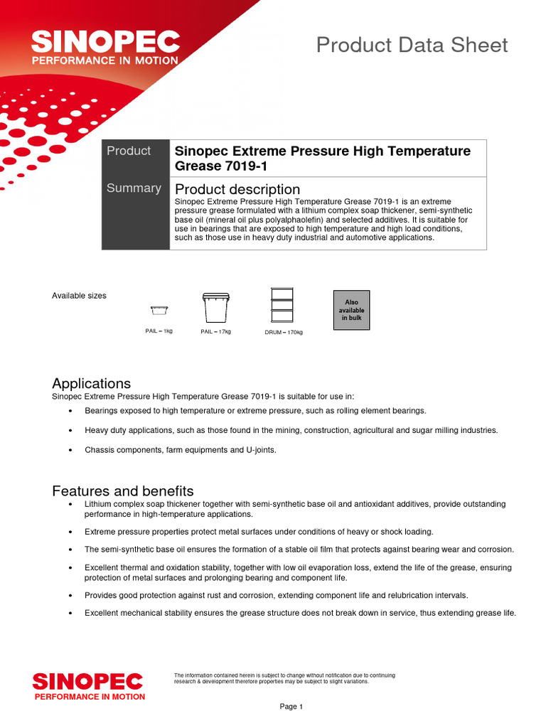Sinopec Extreme Pressure Grease 7019-1 | PDF | Bearing (Mechanical) | Corrosion