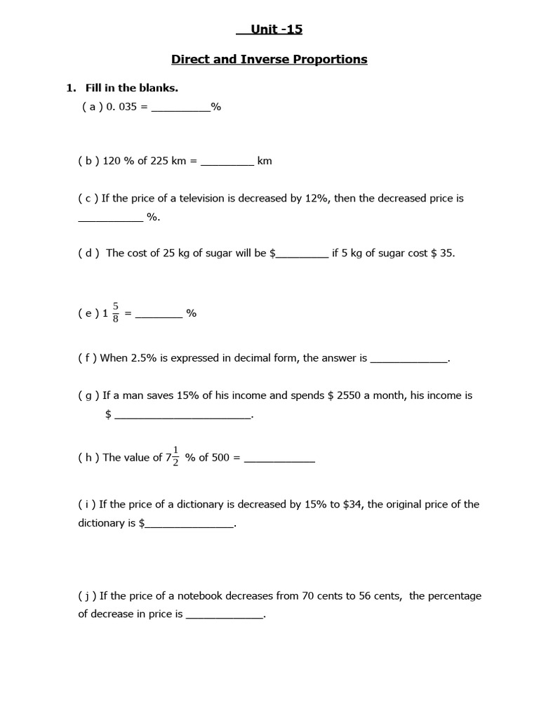P6 Maths Unit - 15 (Direct and Inverse Proportions) | PDF