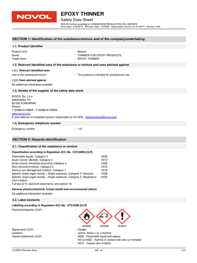 Epoxy Thinner Safety Data Sheet | PDF | Toxicity | Chemistry