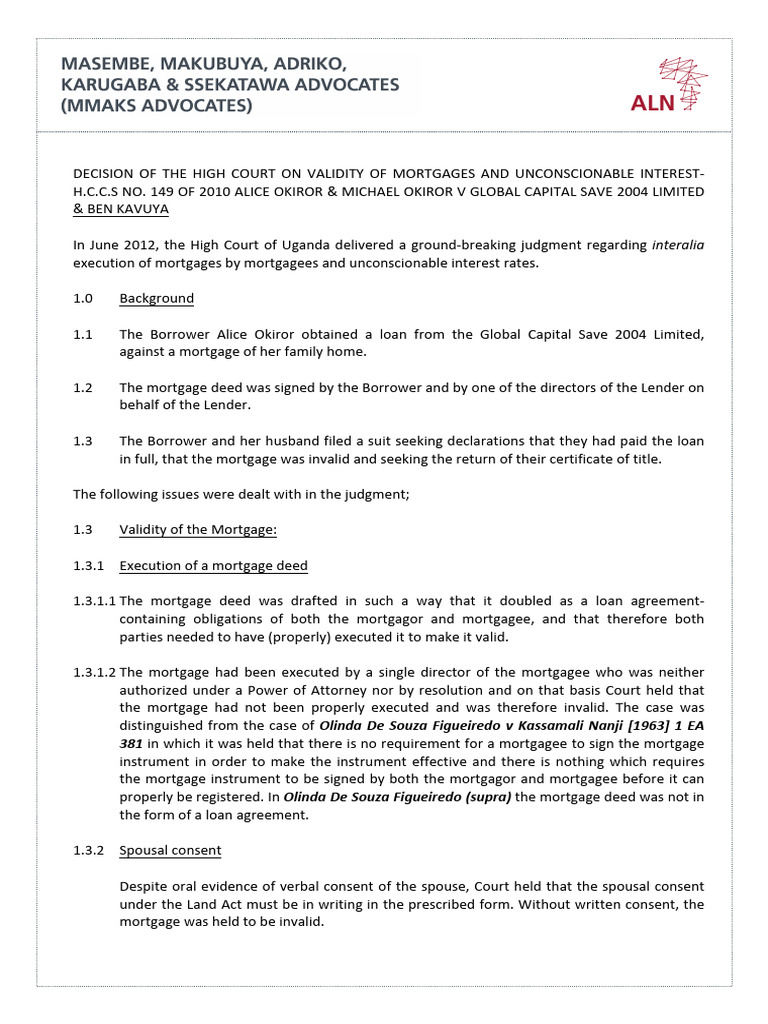 Write Up On ALICE OKIROR V Global Capital | PDF | Mortgage Law | Mortgages