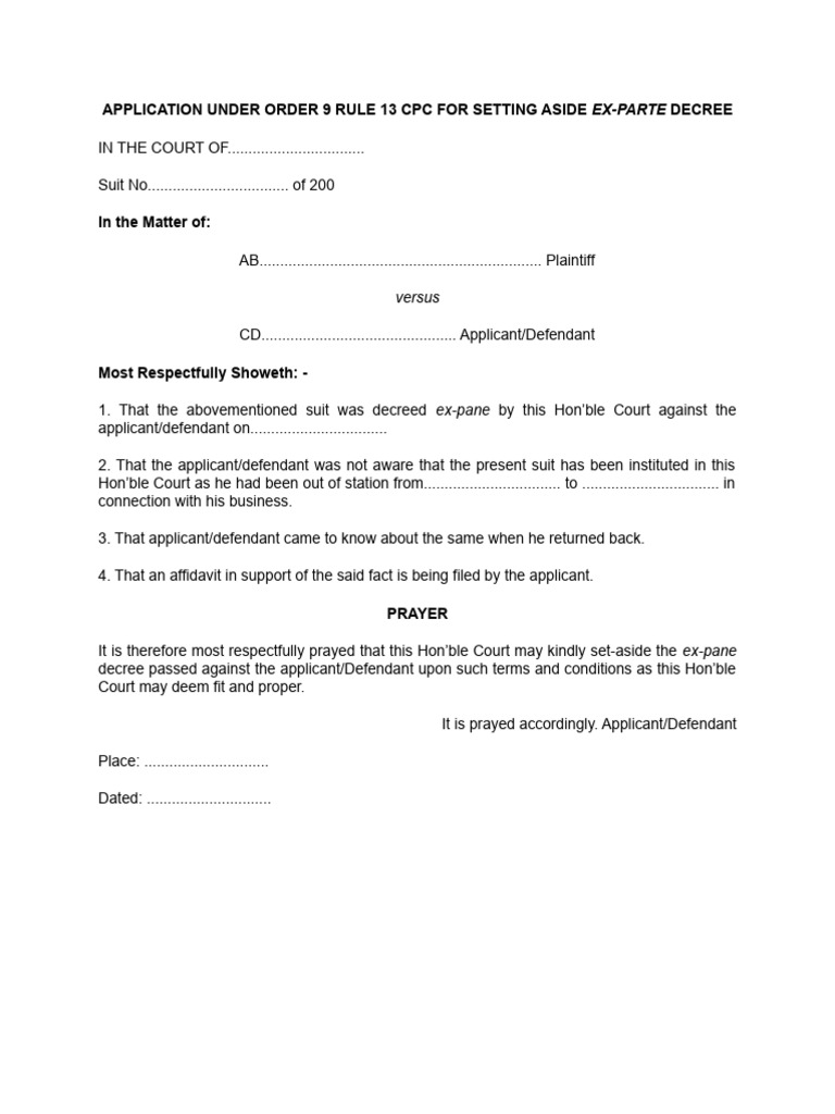 Application Under Order 9 Rule 13 CPC For Setting Aside Ex-Parte Decree ...