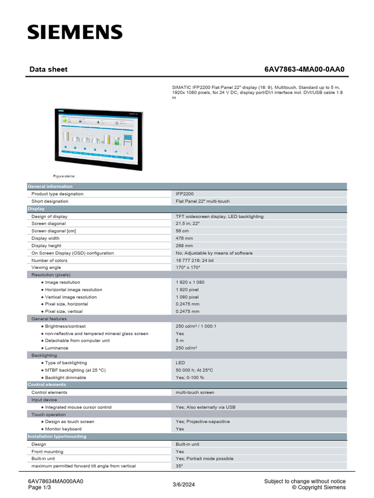 6AV78634MA000AA0_datasheet_en | PDF | Computer Monitor | Display Resolution