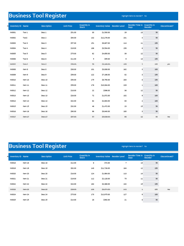 Business Tool Register Template | PDF | Inventory | Supply Chain Management