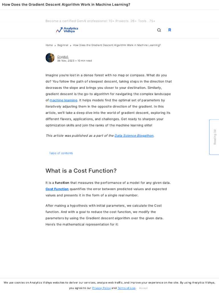 Gradient Descent Algorithm in Machine Learning - Analytics Vidhya | PDF | Mathematical ...