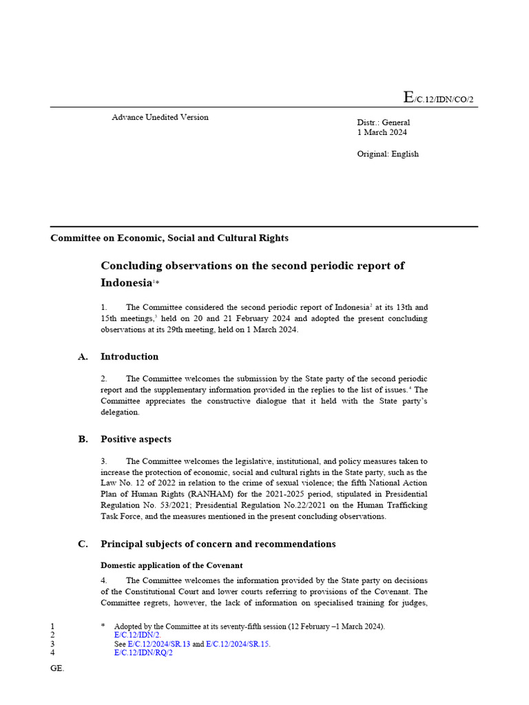 CESCR Indonesia - E C-12 IDN CO 2 57657 E | PDF | Law