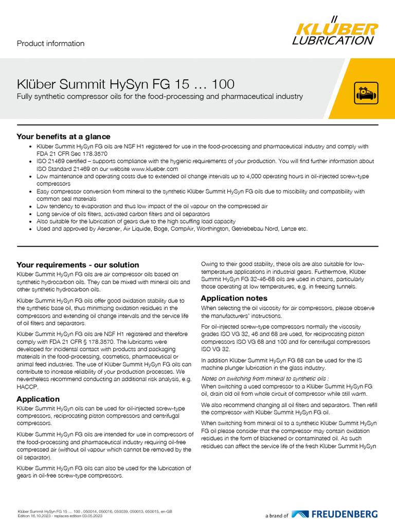 Klueber Summit HySyn FG 15-100 050015 PI GB en | PDF | Motor Oil | Oil