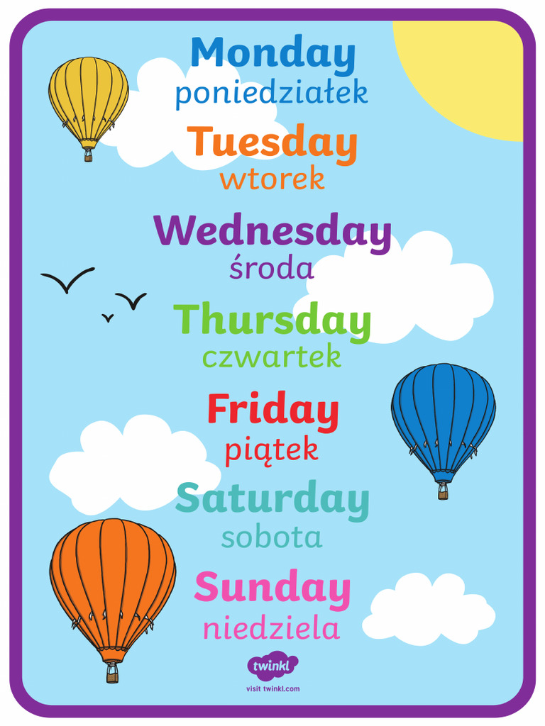 Days of The Week A4 Display Poster English Polish | PDF