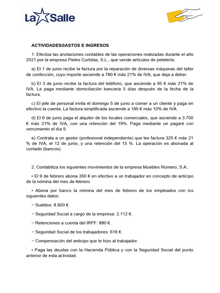ACTIVIDADES GASTOS E INGRESOS | PDF | Factura | Bancos