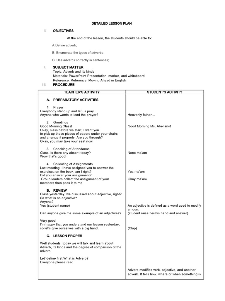 Adverb Lesson Plan for Grade 5 | PDF | Adverb | Adjective