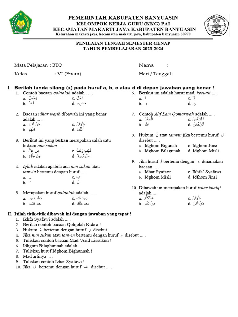 Soal PTS Bta Kelas 6 | PDF