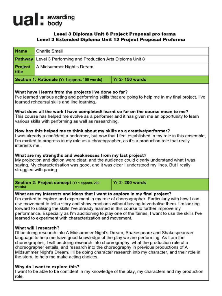 Ual Proposal Action Plan Proforma Charlie Small | PDF | Choreography ...