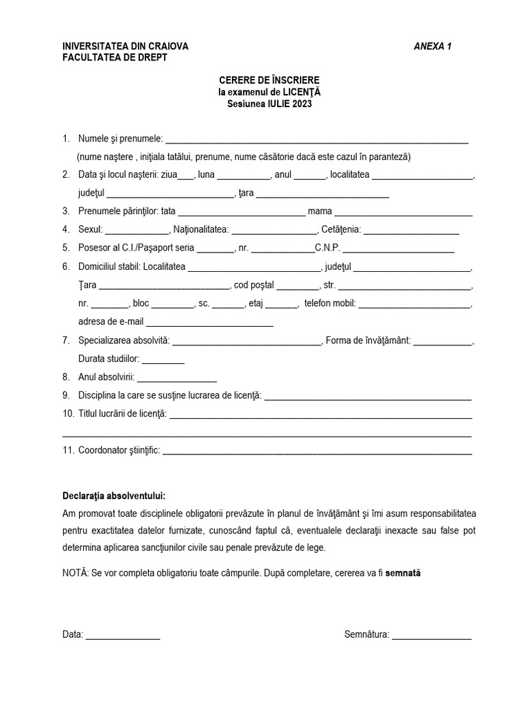 Anexa 1_Cerere inscriere licenta 2023 | PDF