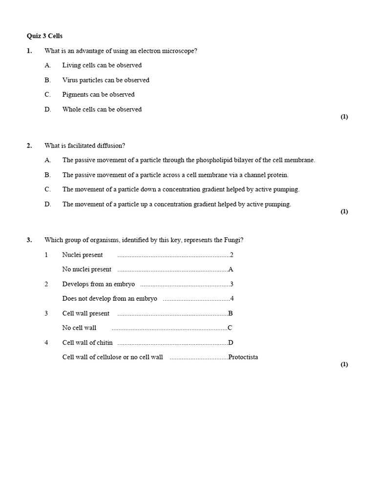 Quiz 3: Cells in Organisms | PDF | Cell (Biology) | Organelle