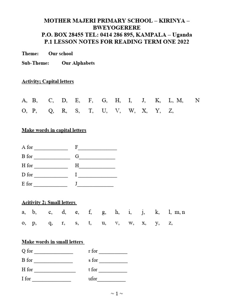 P.1 Reading Lesson Notes For Primary One Term I 2022 | PDF