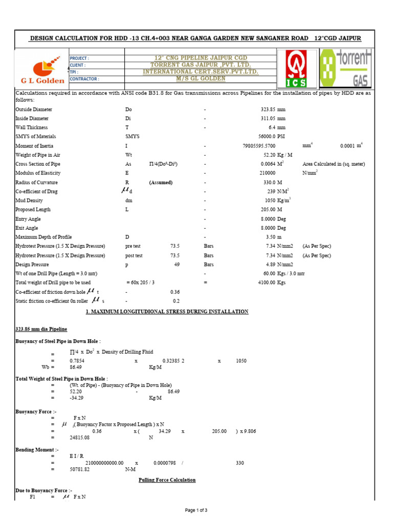 HDD Design Calculations for Gas Pipeline | PDF | Gases | Physical ...