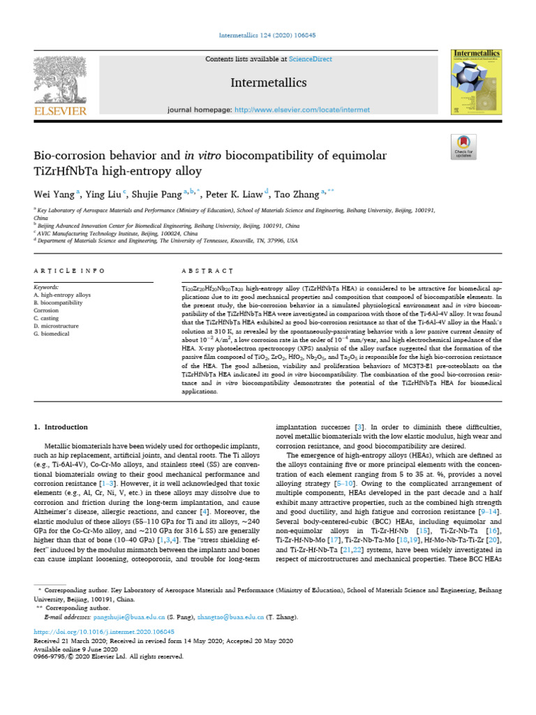 Bio-Corrosion Behavior and in Vitro Biocompatibility of Equimolar TiZrHfNbTa High-Entropy Alloy ...
