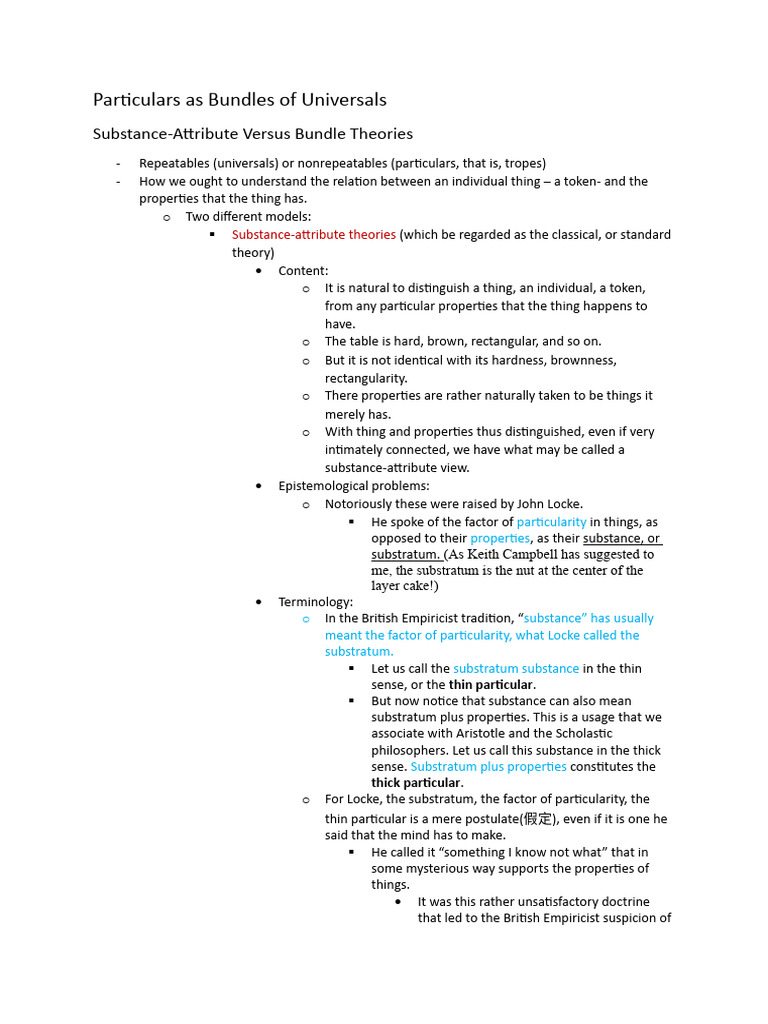 chapter 4 notes Universals | PDF | Substance Theory | Metaphysics