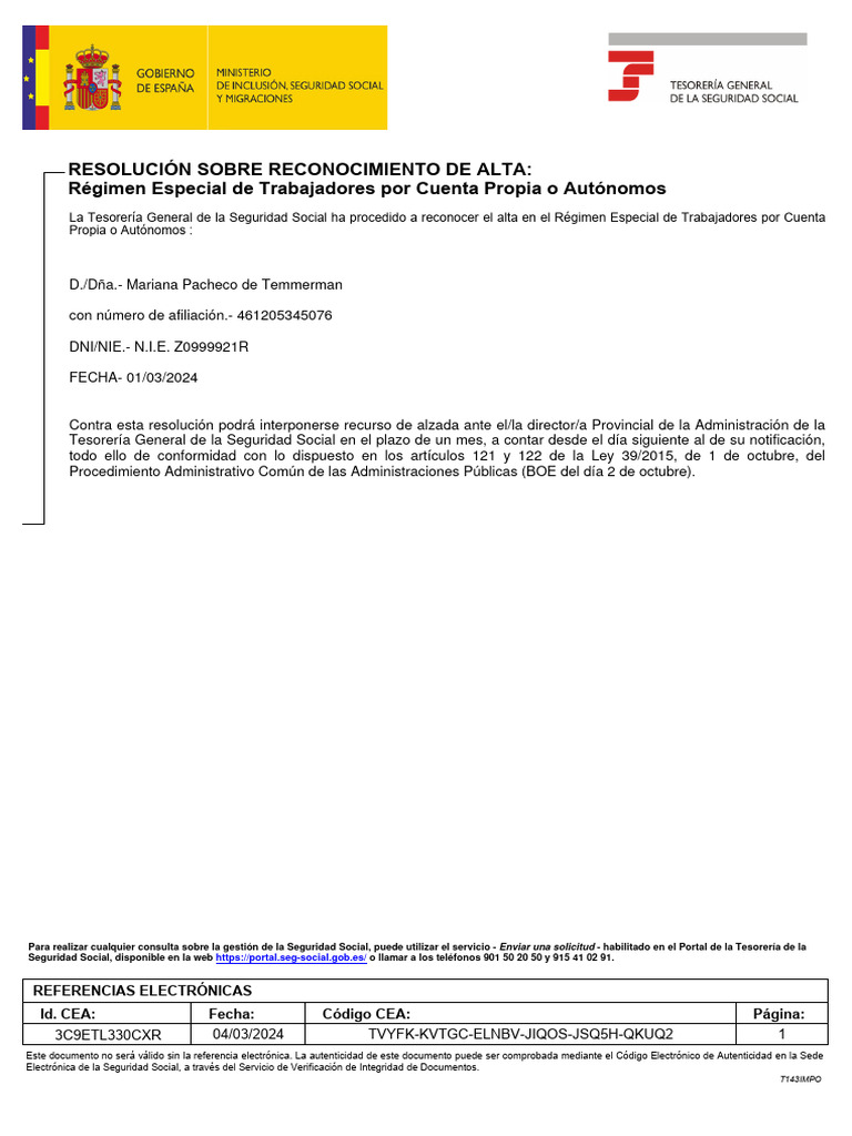 Alta en RETA. Resolucion | PDF