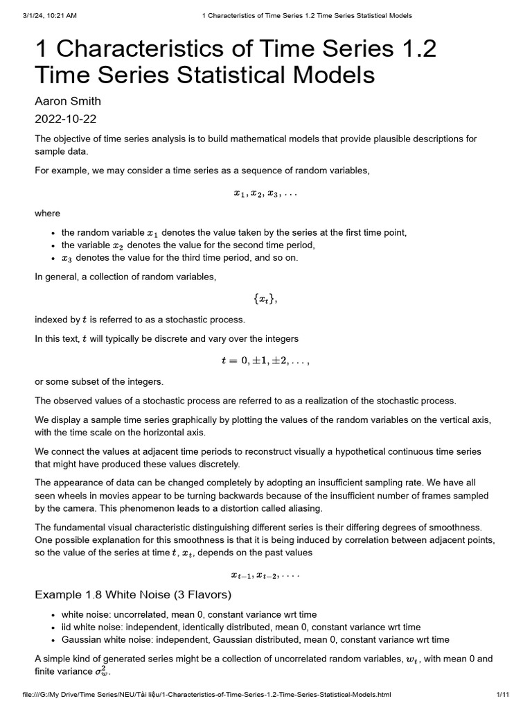 1 Characteristics of Time Series 1.2 Time Series Statistical Models | PDF | Time Series | Variance