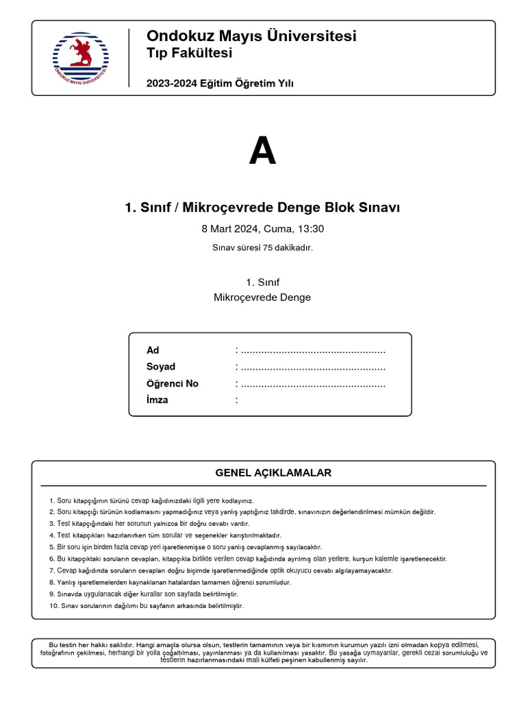 Sinif Mikrocevrede Denge Blok Sinavi - Kitapcik A OKM | PDF