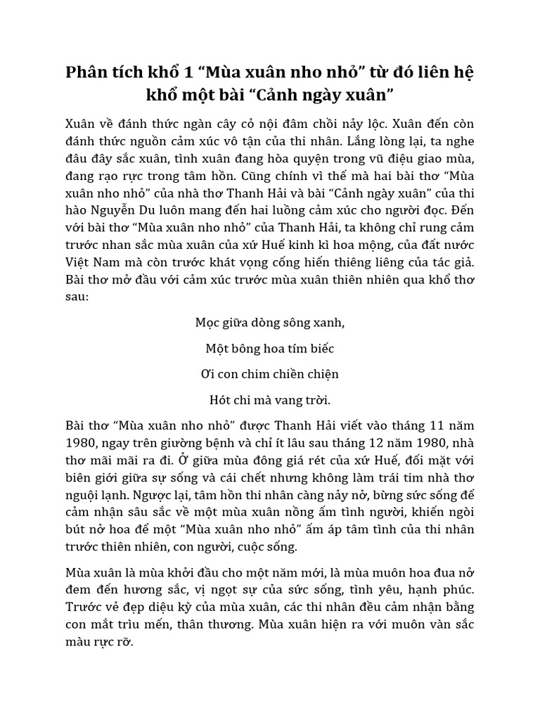 Phan Tich Kho 1 Mua Xuan Nho Nho Tu Do Lien He Kho 1 Canh Ngay Xuan | PDF
