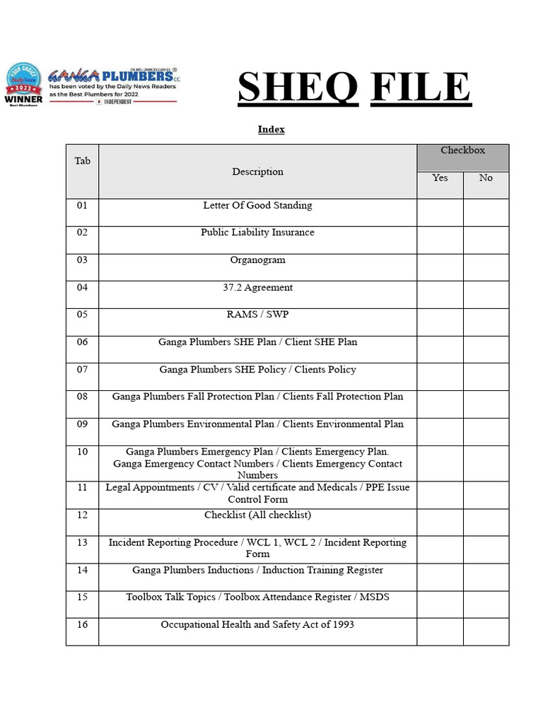 Ganga Plumbers SHEQ File Index | PDF