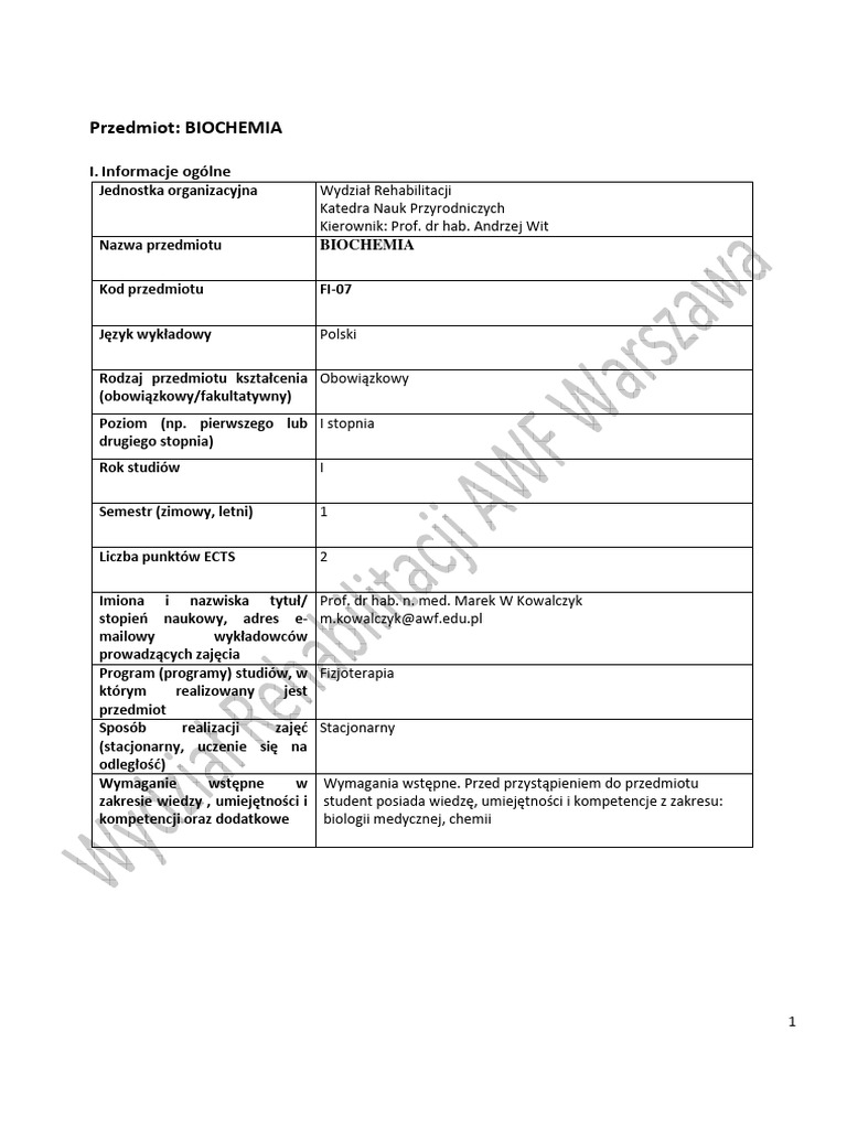 BIOCHEMIA I Stopien | PDF