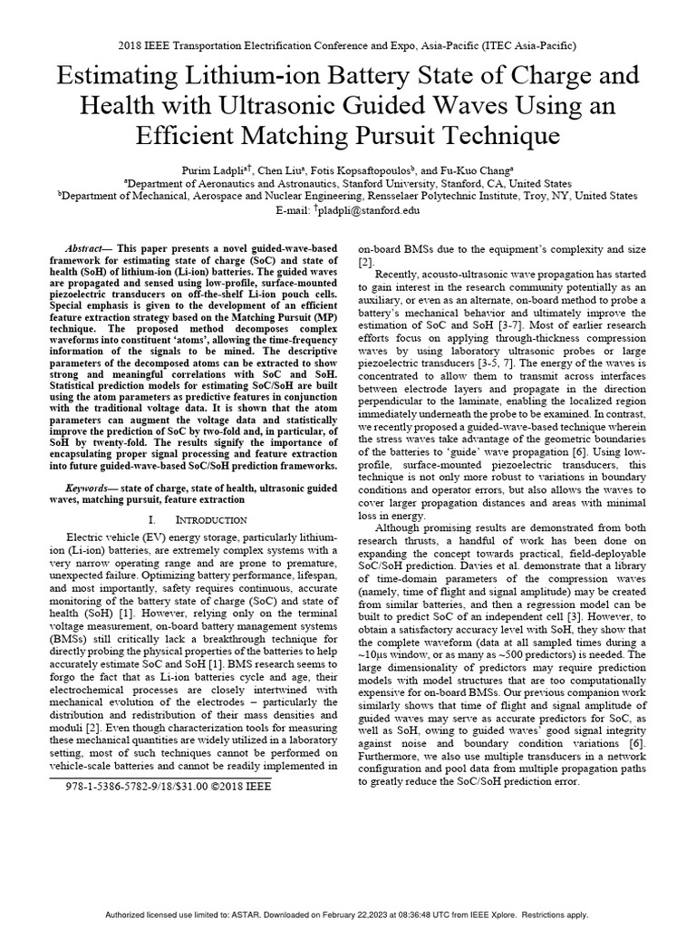 Estimating Lithium Ion Battery State Of Charge And Health With Ultrasonic Guided Waves Using An