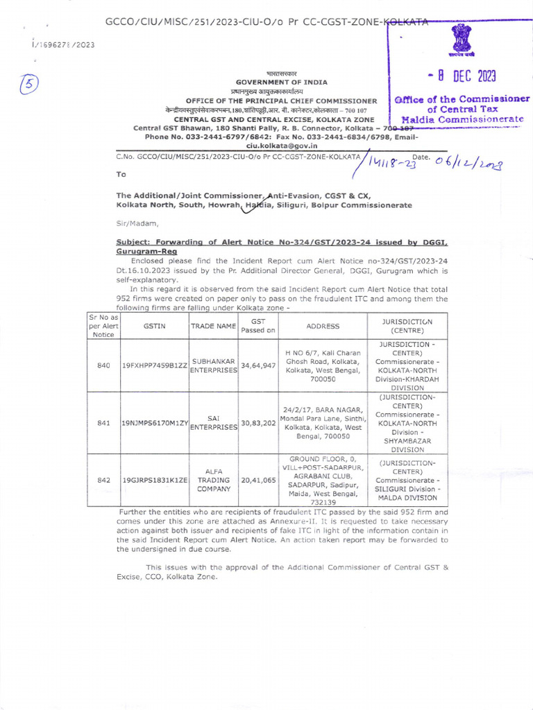 Alert Circular - DGGI GZU 324 GST 2023-24 | PDF | Government | Taxes