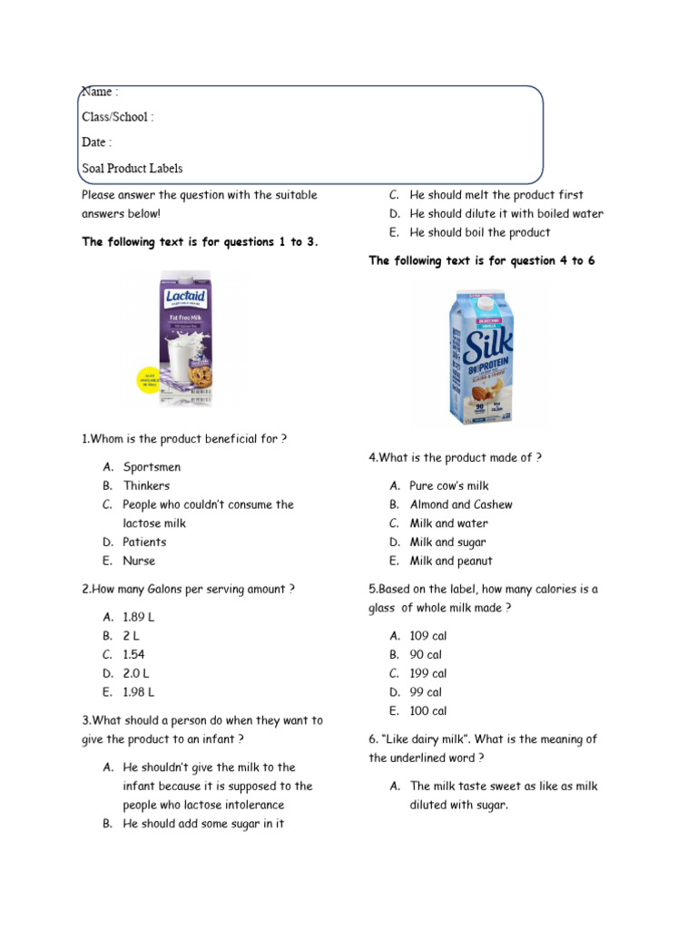 Student Product Label Quiz | PDF | Milk | Nutrition Facts Label