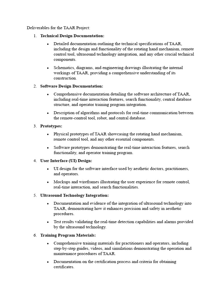 TAAR Project Deliverables Overview | PDF | Software Prototyping | Documentation