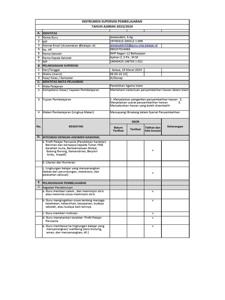 Instrumen Supervisi Pembelajaran | PDF