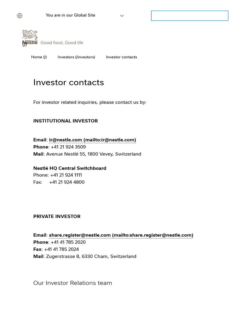Investor Contacts - Nestlé Global | PDF