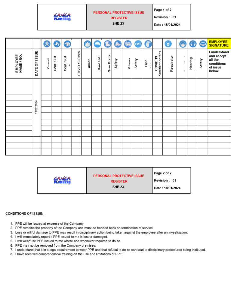 SHE-23 PPE Register | PDF | Personal Protective Equipment | Clothing