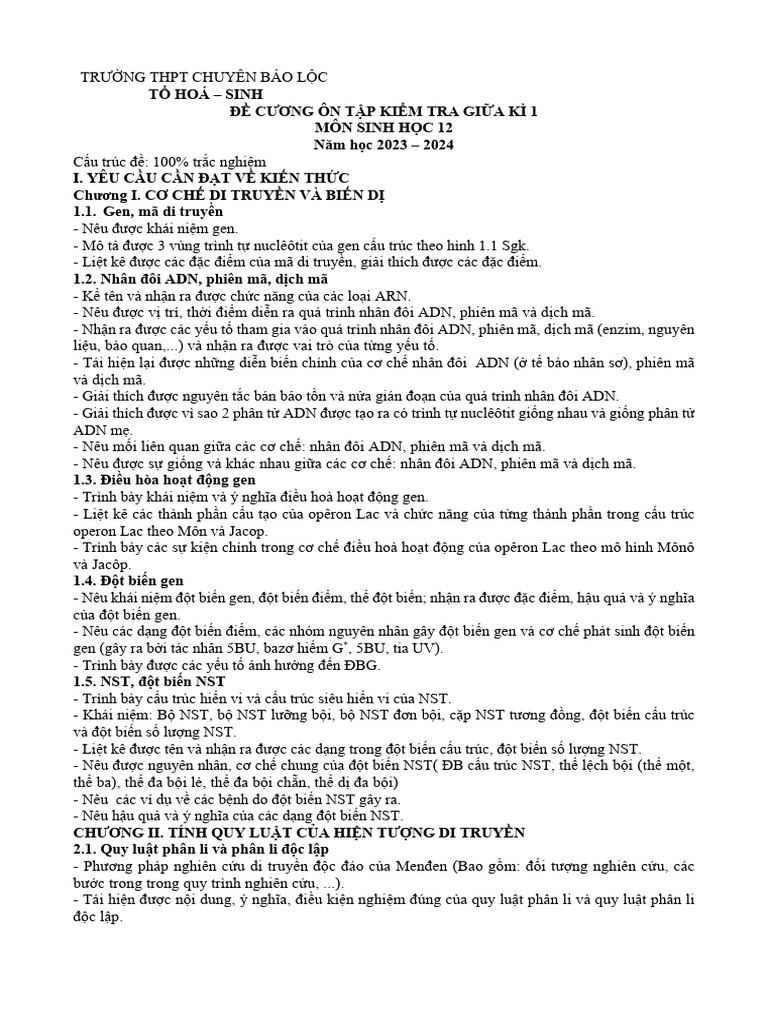 Đề Cương Kiểm Tra HK1 - Sinh 12 | PDF