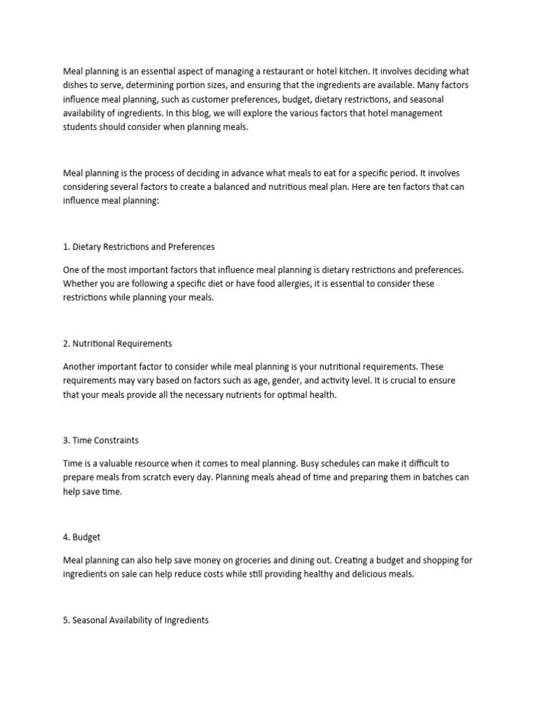 Factors Affecting Meal Planning PDF Meal Diet Nutrition 