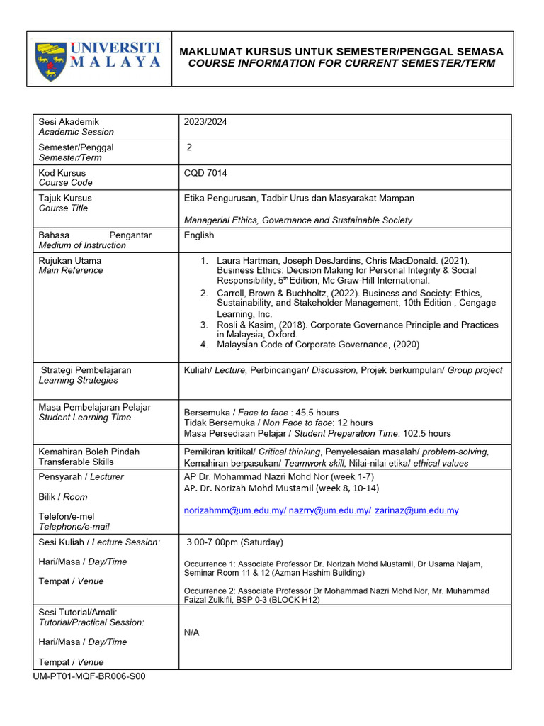 CQD 7014, Course Info Sem 2 Session 2022 - 23-2 | PDF | Corporate ...