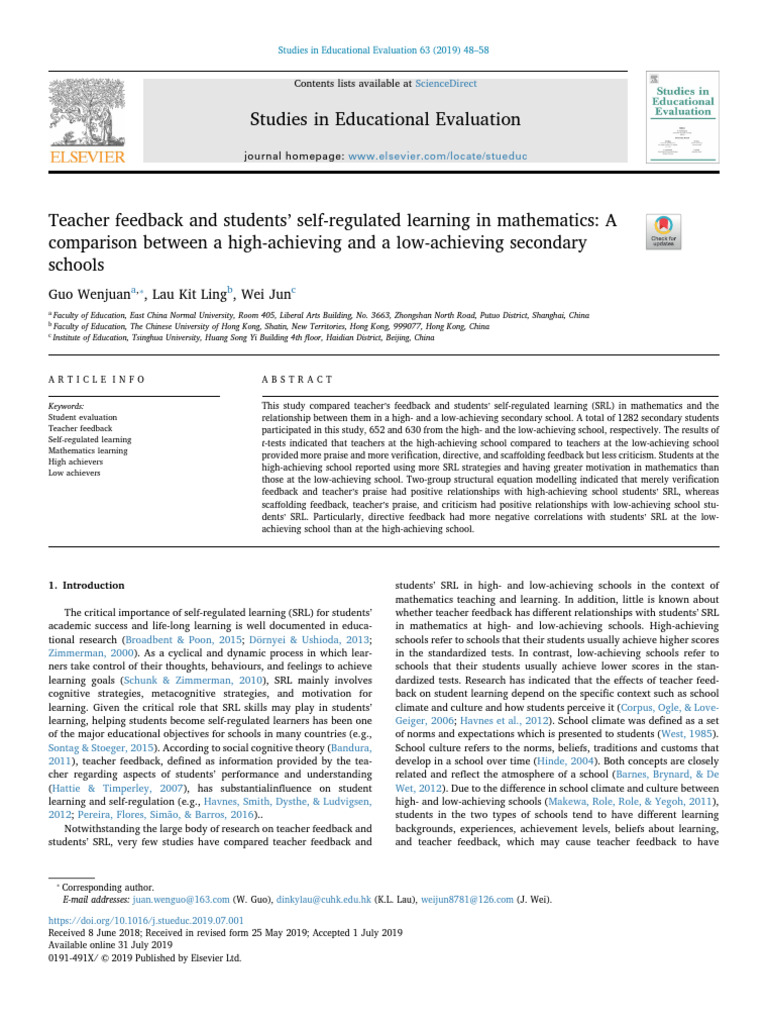 Teacher Feedback and Students' Self Regulated Learning | PDF | Behavior ...